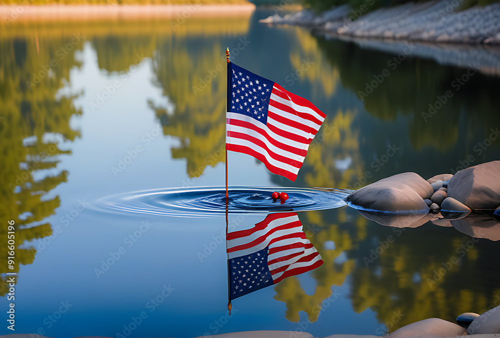 american flag reflected calm river blue red currents merging together ...