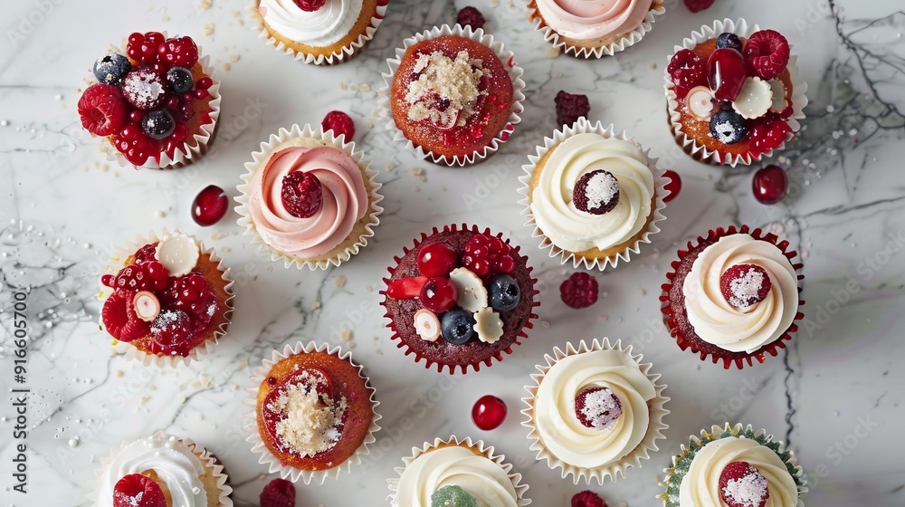 variety of colorful cupcakes with piped frosting and decorative ...