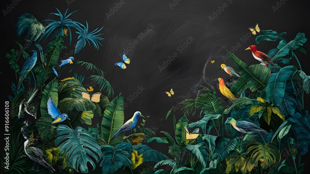 white chalk drawing on a dark chalkboard, creating a vivid tropical ...