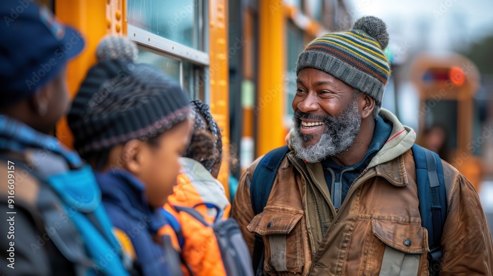 A joyful bus driver interacting with school children as they board the ...