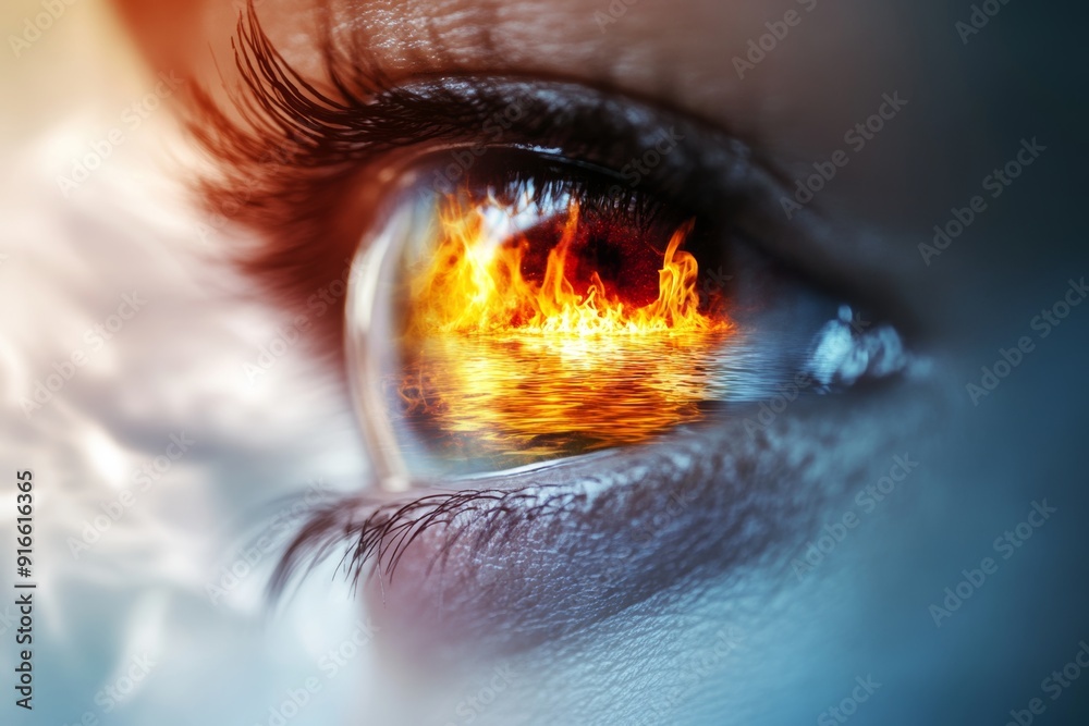 Close-up of a human eye with flames reflected in one side and water in ...