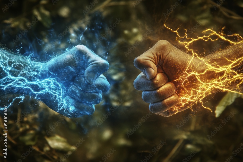 Image of two fists clashing, one enveloped in electricity and the other ...