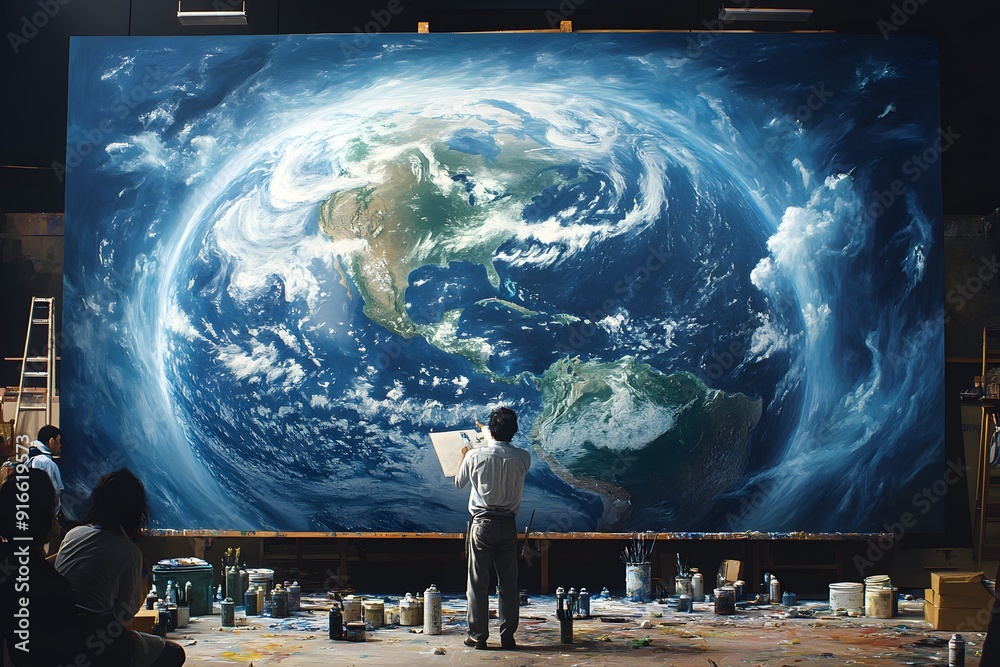 An artist painting a large canvas with an image of the Earth surrounded ...