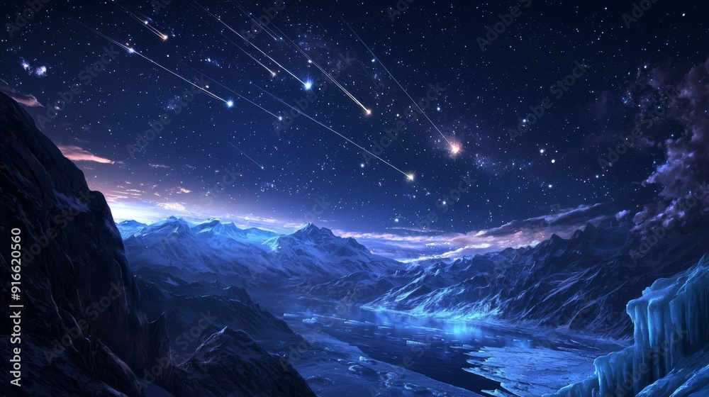 Meteorite rain streaking across a midnight sky full of twinkling stars ...