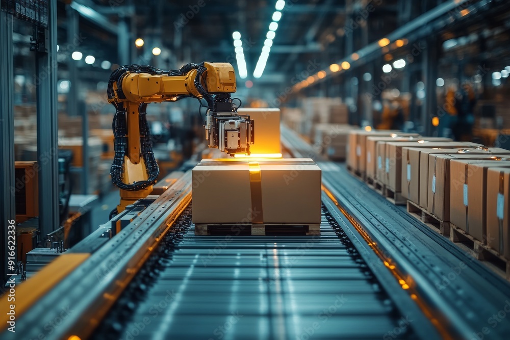 Automated warehouse with robotic arms sorting packages, advanced logistics technology ...