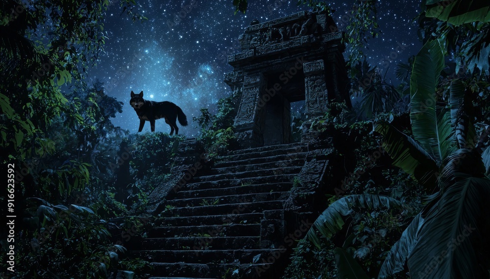 Sacred shrine in the heart of the jungle, stone steps leading upward ...