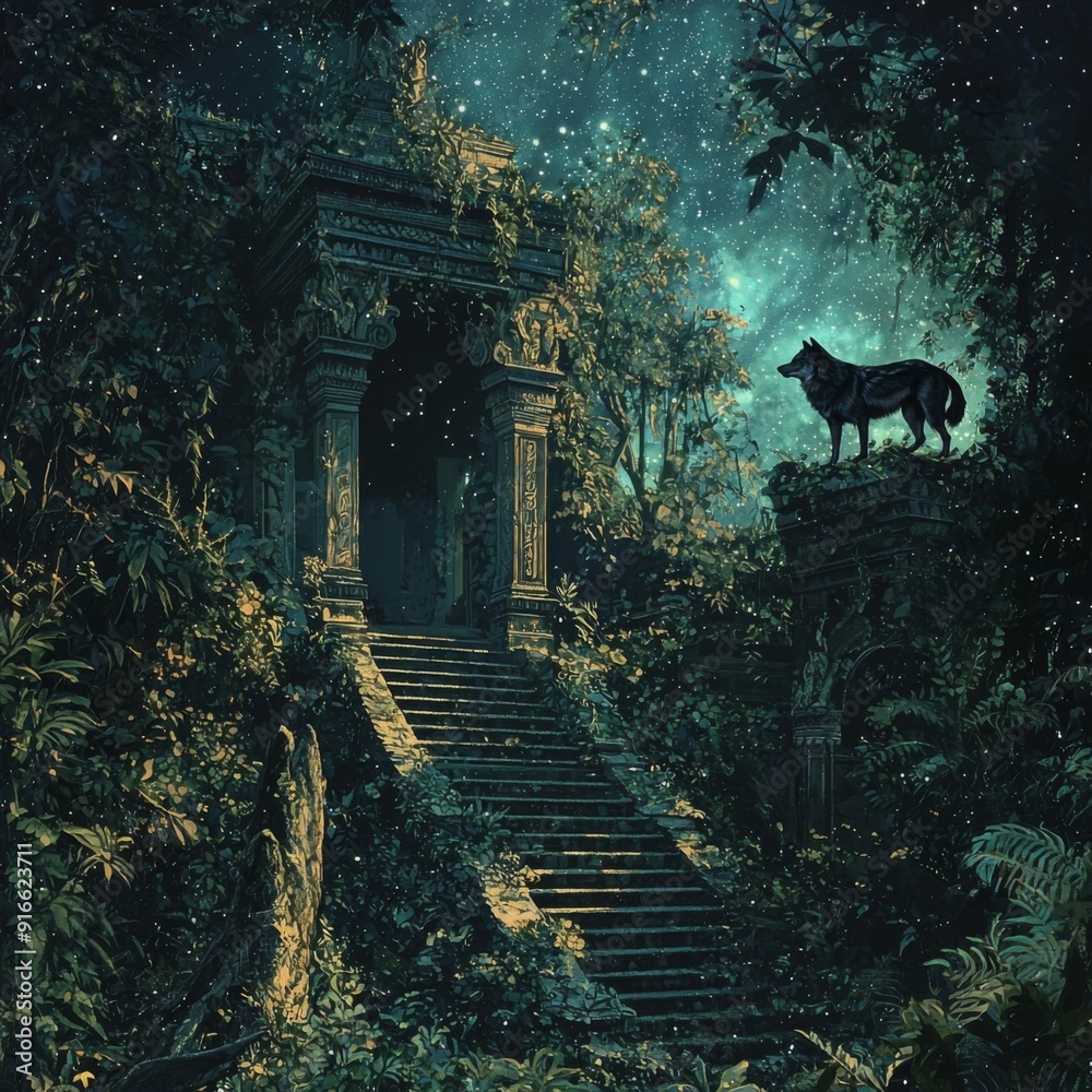 Sacred shrine in the heart of the jungle, stone steps leading upward ...