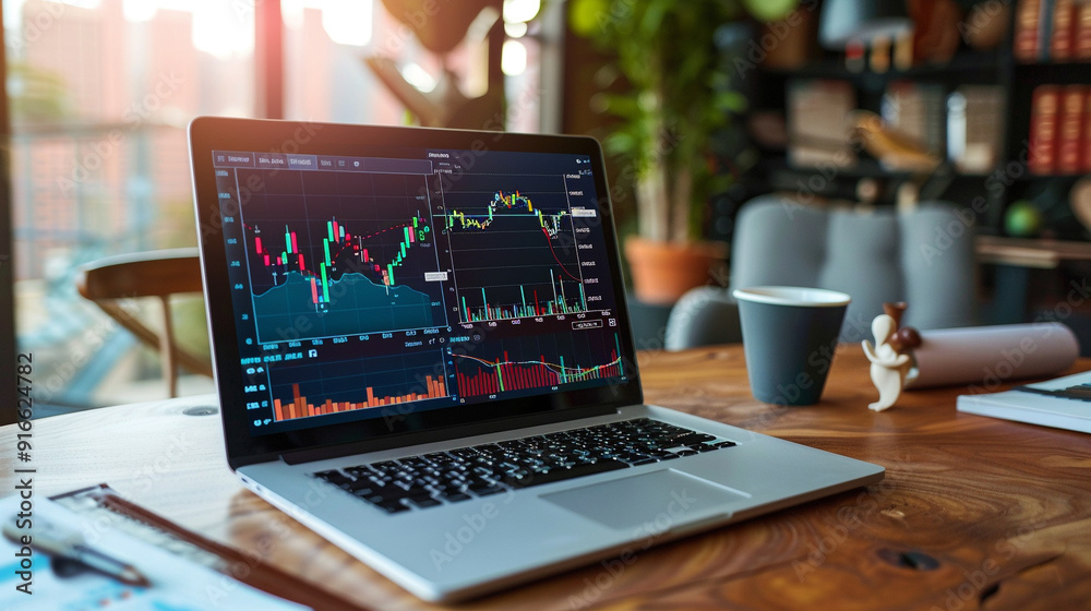 A sophisticated desk setup with a laptop displaying an investment ...