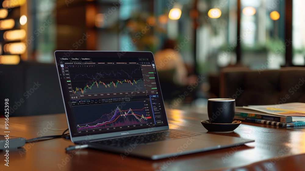 A sophisticated desk setup with a laptop displaying an investment ...