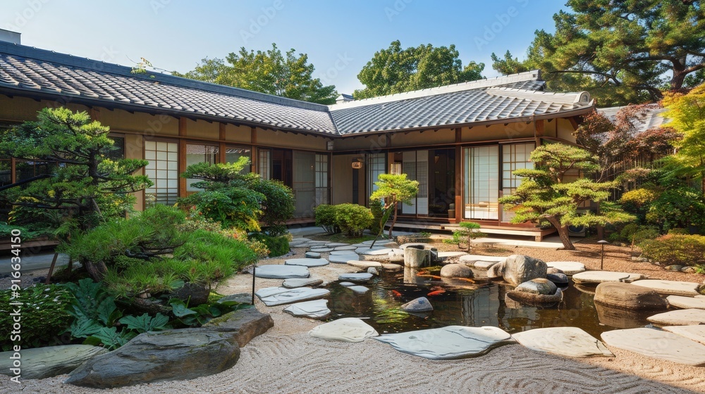 Picture a traditional Japanese house with sliding shoji screens, a ...