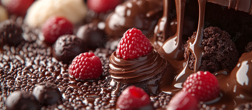 Melted dark and colored milk chocolate, adorned with raspberries, stars ...