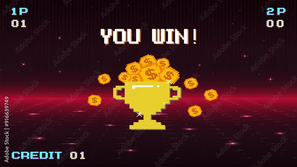 8-bit pixel art with text "You Win" and a big golden cup and gold coin ...