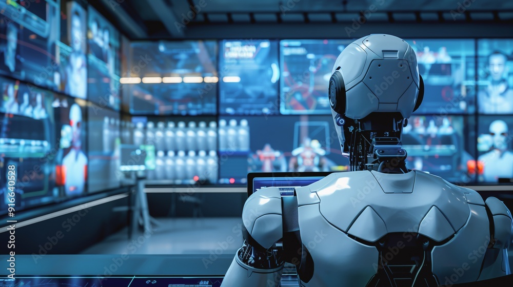 AI Robot Monitoring Control Center with Multiple Screens for overseeing ...