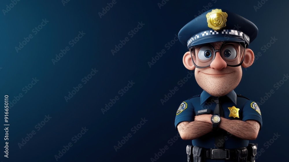 3D clip art of a police officer with a badge, dark blue background ...