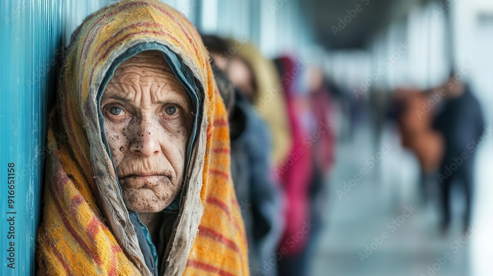 Homeless Dressed very dirty People lining up for food at a shelter ...