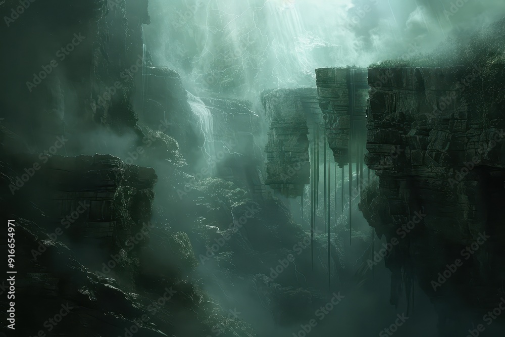 Mysterious chasm with floating rocks and waterfalls in a surreal ...