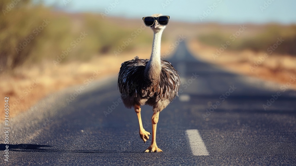 Ostrich strutting down a runway in trendy sunglasses, mimicking a ...