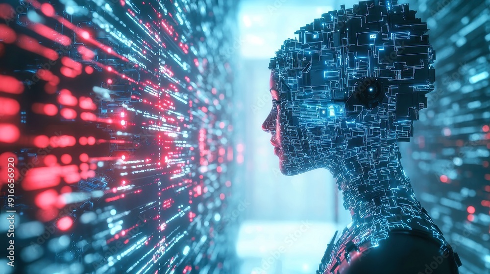Futuristic AI Ethics Framework, a digital transformation scene depicting artificial intelligence ...