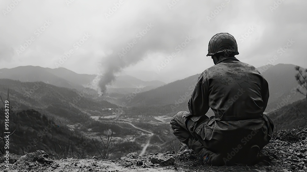 Korean War Remembrance, a vintage grayscale image capturing the somber ...