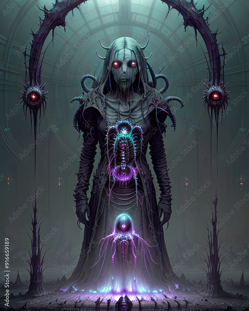 Dark horror fantasy illustration of a monster under a spiky arch ...