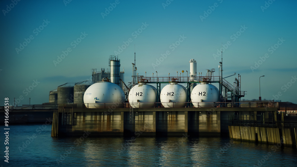 Hydrogen storage tanks on coastal terminal pier. Clean energy, green ...