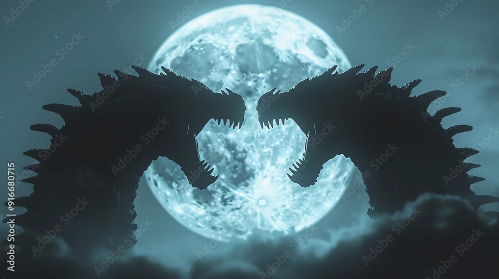 Twoheaded monster roaring at the moon, Monster creature beast ...
