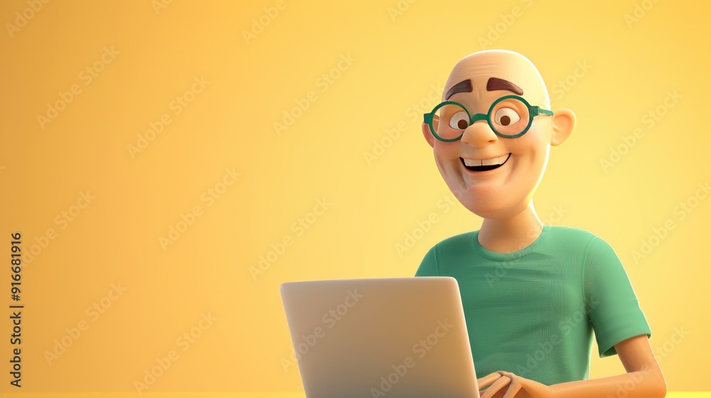 Animated cartoon character working on laptop, solid color background ...