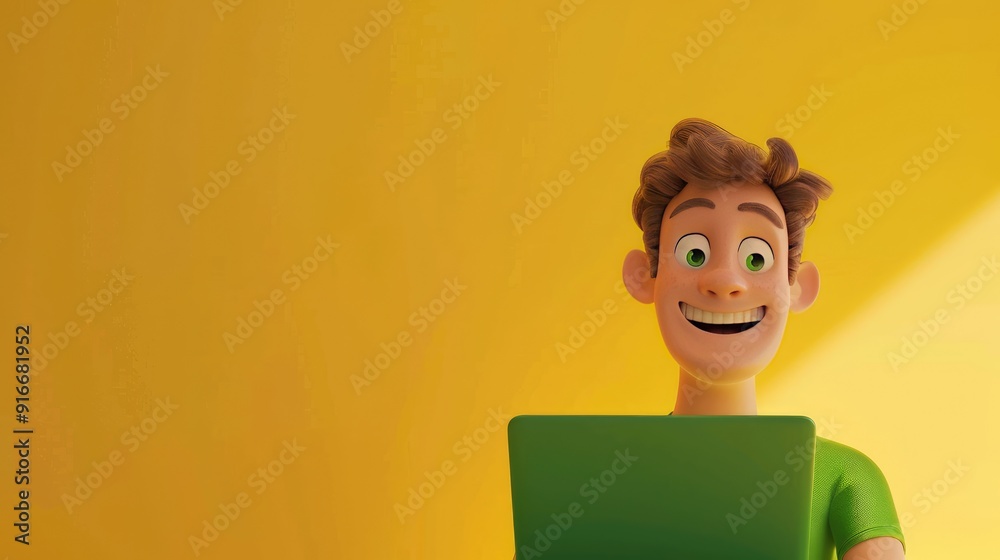 Animated cartoon character working on laptop, solid color background ...