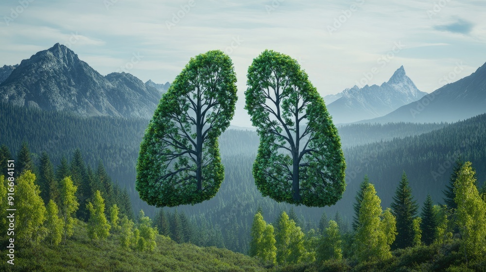Abstract lung silhouette made from forest trees, with mountains in the ...
