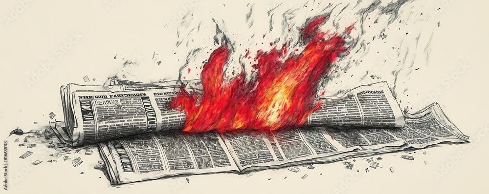 Newspaper on fire, capturing a dramatic moment of destruction ...