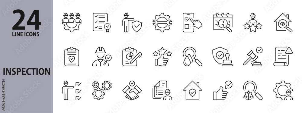 Inspection line icons set with Quality Control, Examination ...
