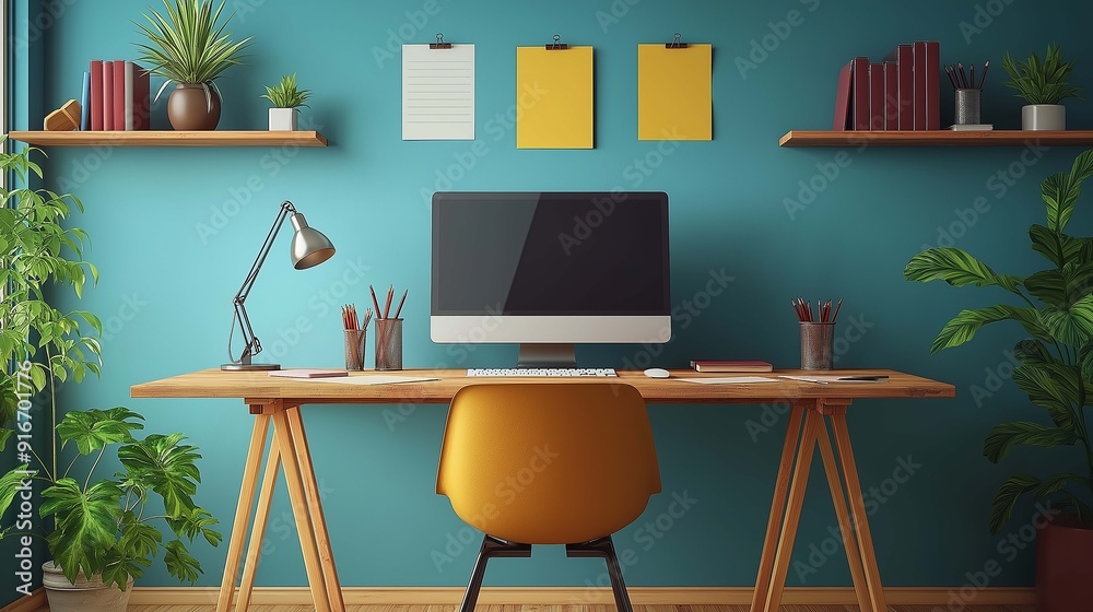 Create an illustration of a modern workspace with a computer, notepads ...