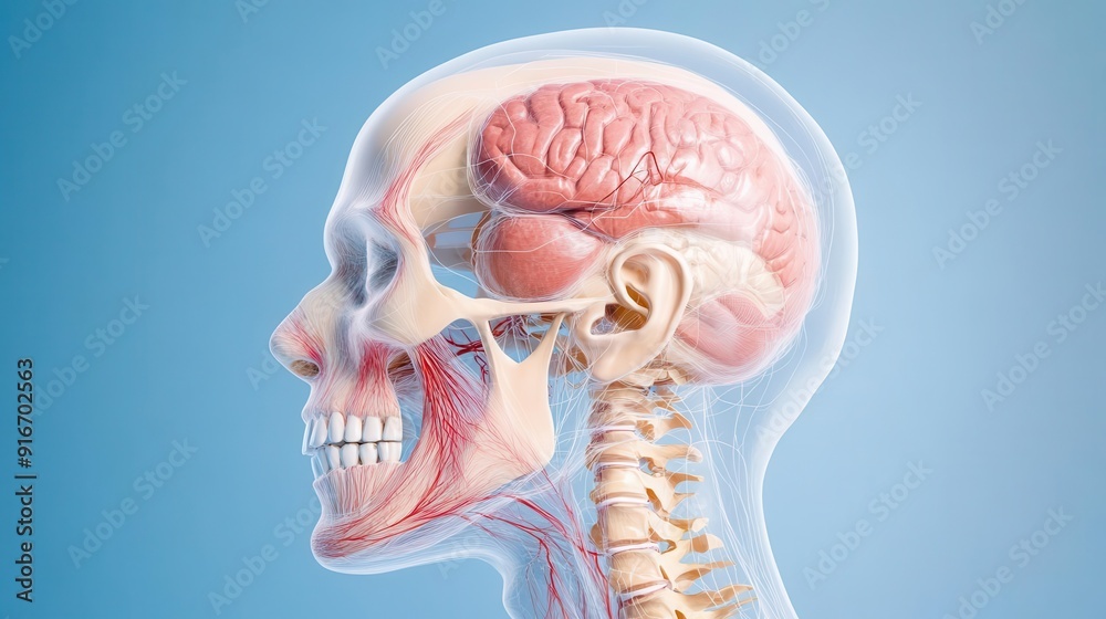 Detailed anatomical illustration of a human skull showing brain, nerves ...