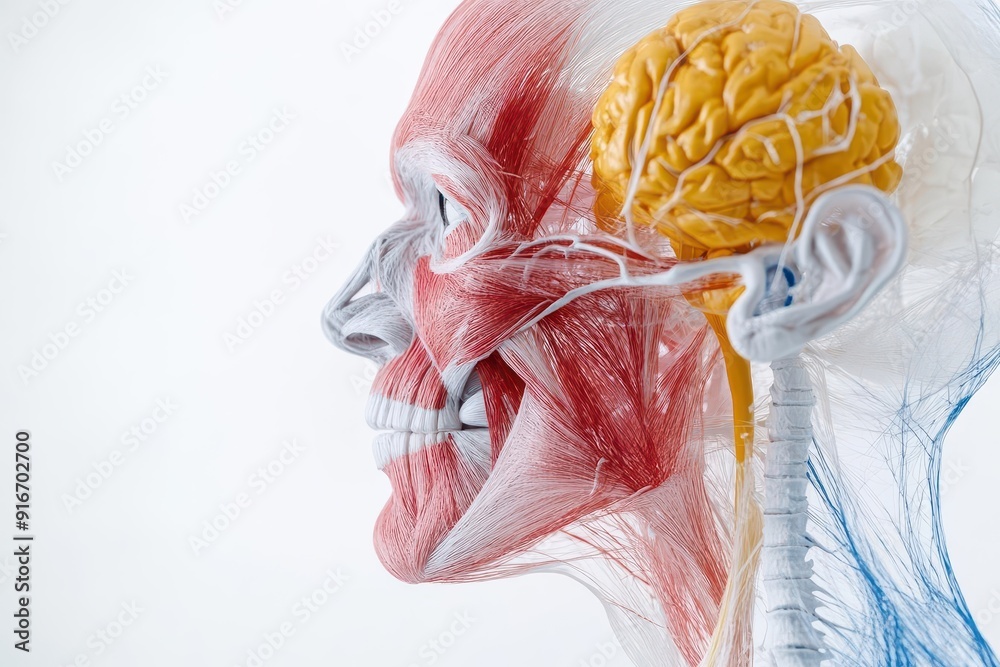 Detailed anatomical model showcasing human facial muscles and brain ...