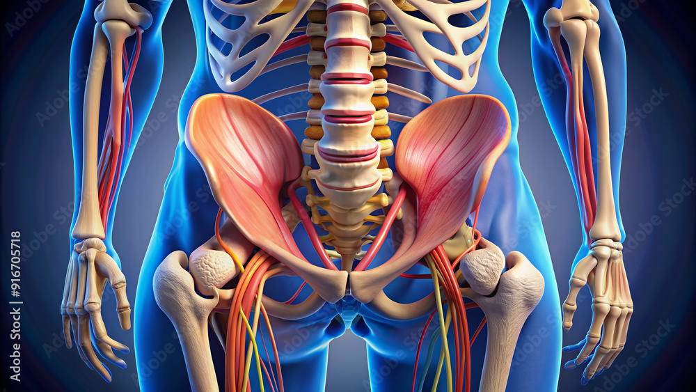 Illustration of the human pelvis anatomy, showcasing the sacrum, coccyx ...