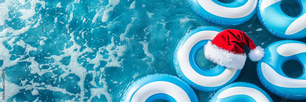 Fun happy summer pool blowup float red santa hat floating in sea beach ...