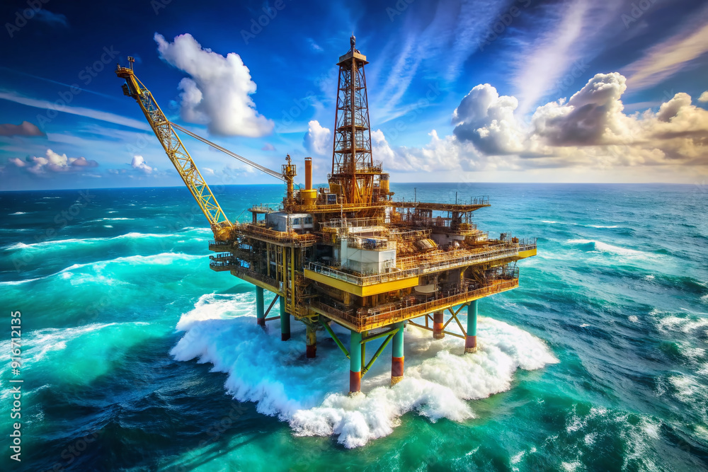 Majestic offshore oil rig stands tall amidst turquoise waves, with ...