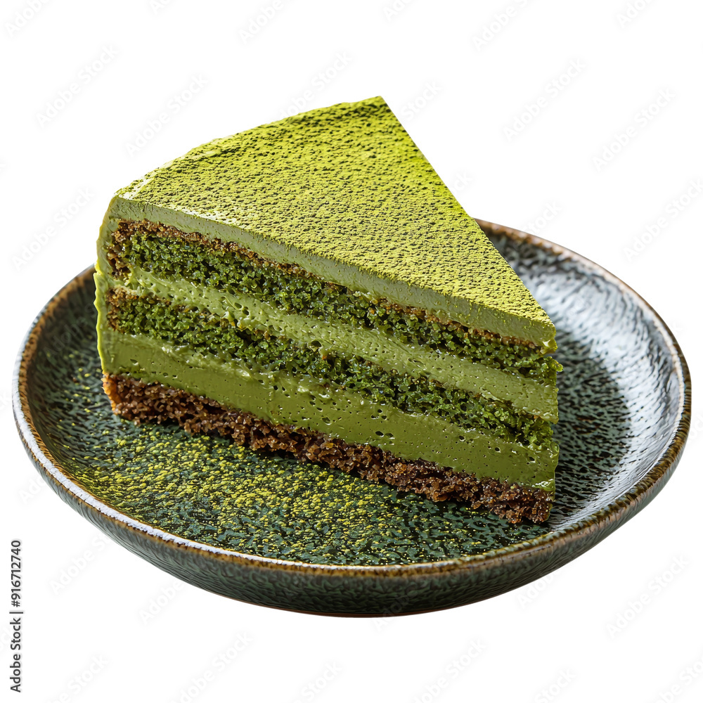 Matcha layer cake slice with cream filling and green tea powder on a ...