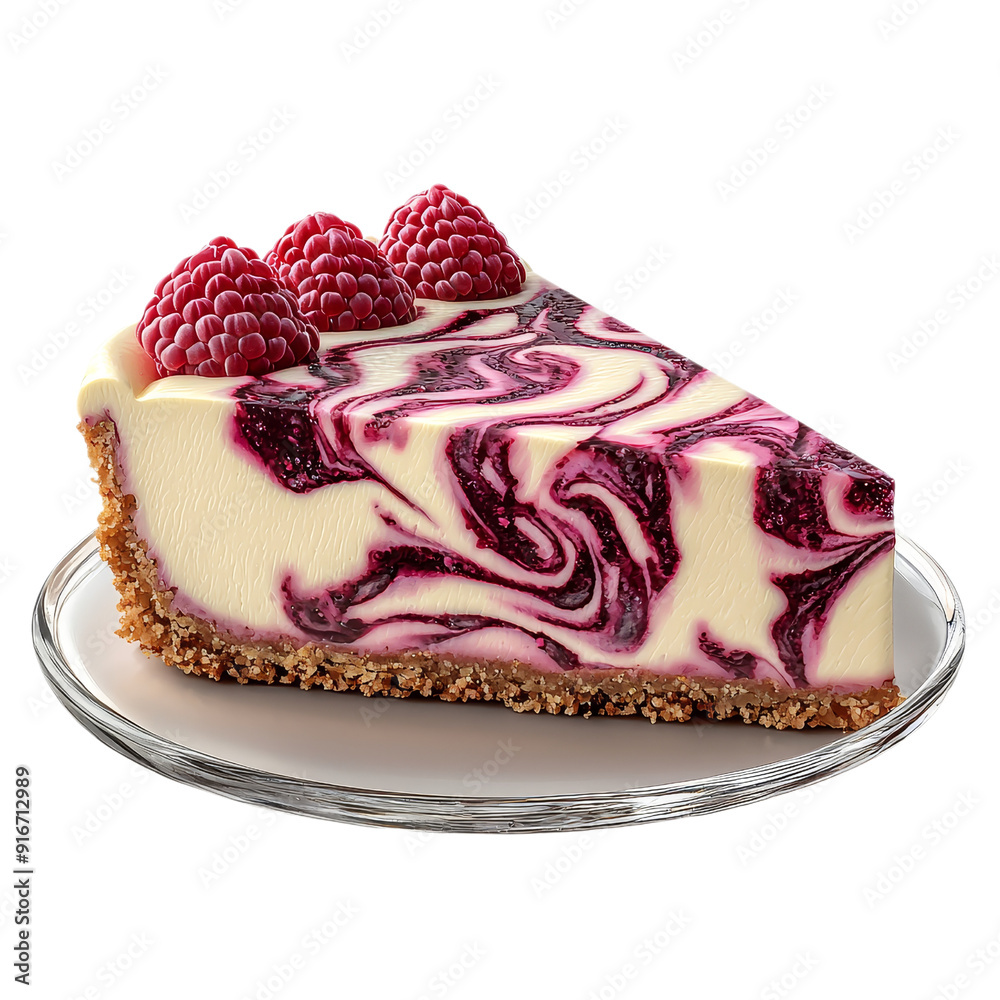 Raspberry swirl cheesecake slice with graham crust and fresh ...