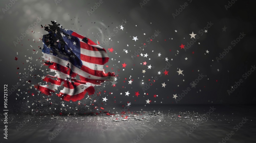 Dynamic image of an American flag disintegrating on one side with stars ...