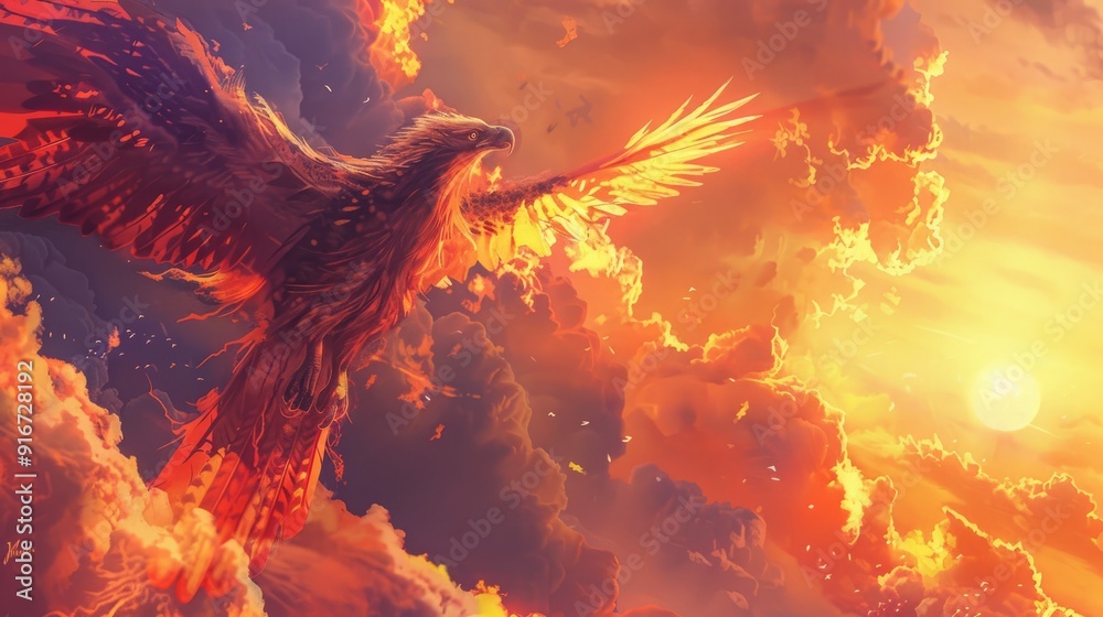 Fiery bird soaring through sunset clouds. A magnificent winged creature ...