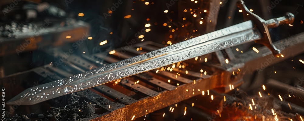 Medieval sword in a blacksmiths forge, sparks flying as its being ...