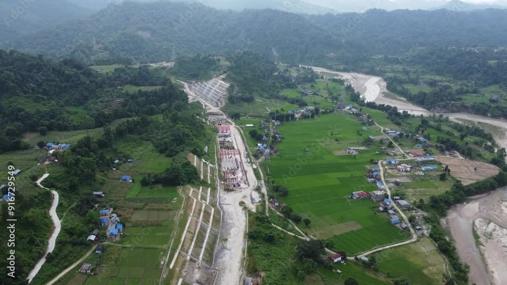 Aerial view of highway road construction in Nepal. Construction site ...
