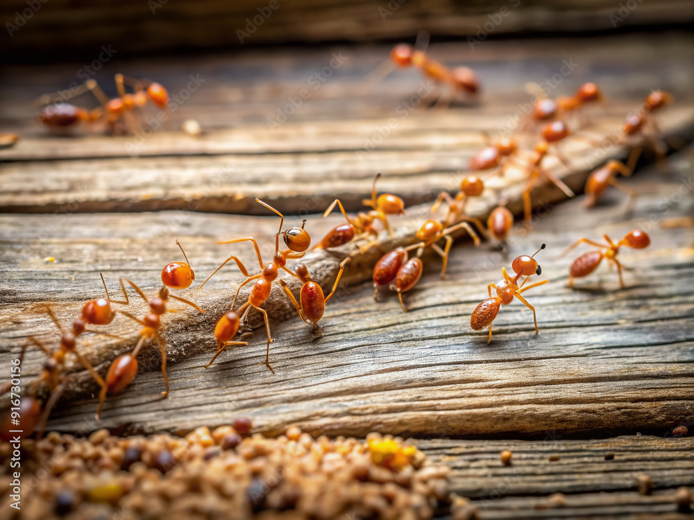 Small red ants marching in line across weathered wooden floorboards ...