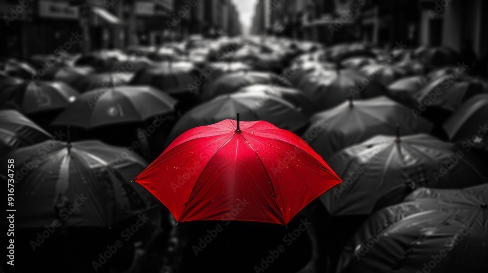Red umbrella in a crowd of black umbrellas. A solitary red umbrella ...