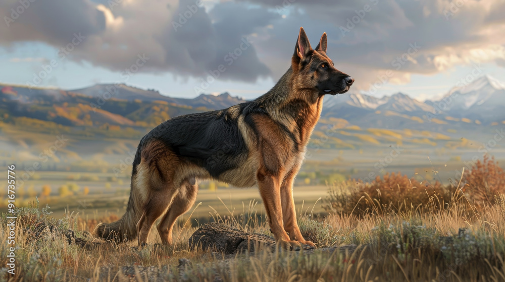 German Shepherd standing proudly in a regal pose, overlooking a vast ...