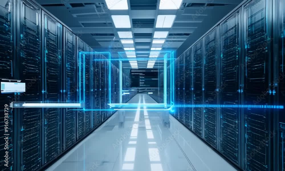 Data Center Gateway: A futuristic vision of a server room with glowing ...