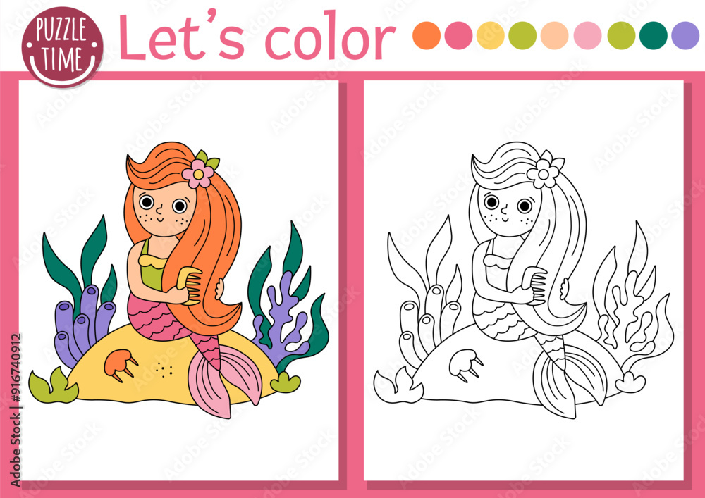 Mermaid coloring page for children with cute sea princess. Vector ocean ...