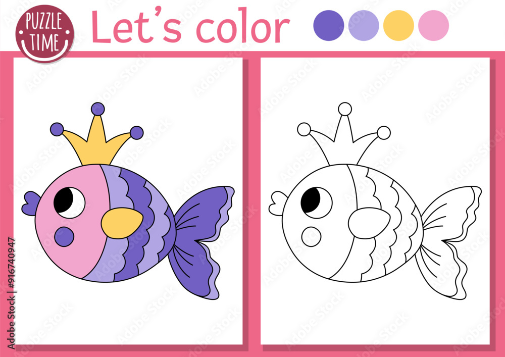 Mermaid coloring page for children with cute fish with crown. Vector ...