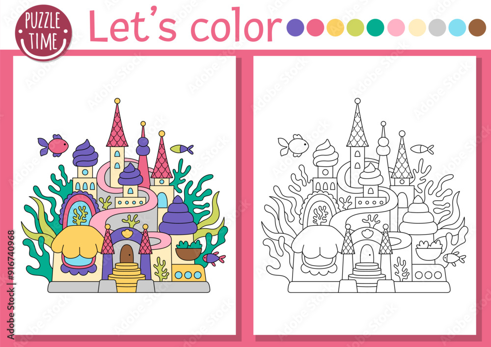Mermaid coloring page for children with cute sea castle. Vector ocean ...